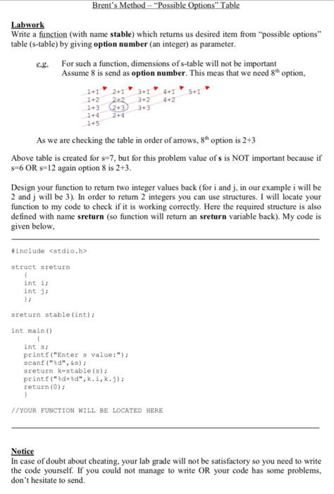 Solved Brent's Method - "Possible Options" Table Labwork | Chegg.com