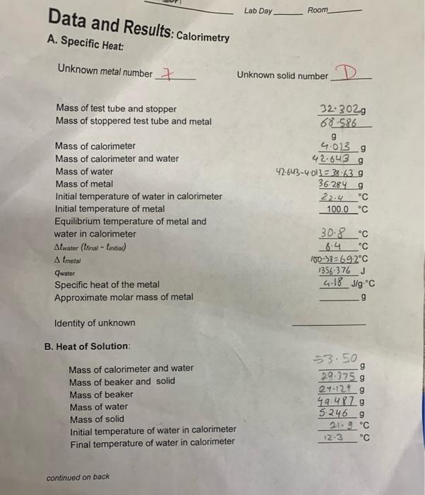 Solved Lab Day Room Data and Results: Calorimetry A. | Chegg.com