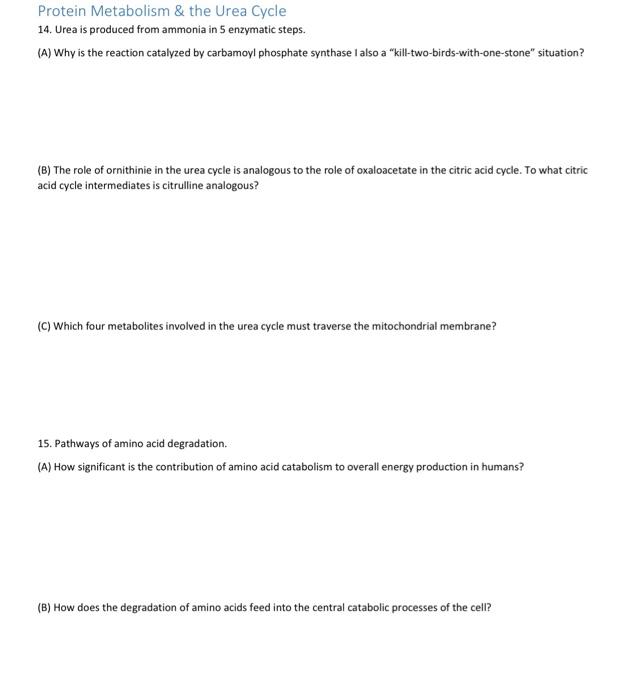 Solved Protein Metabolism \& the Urea Cycle 14. Urea is | Chegg.com