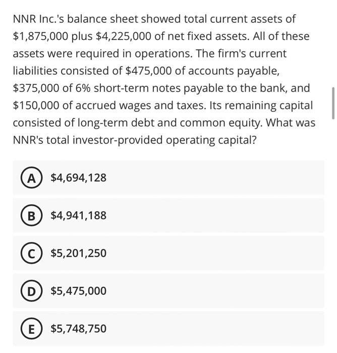 Solved NNR Inc.'s balance sheet showed total current assets | Chegg.com