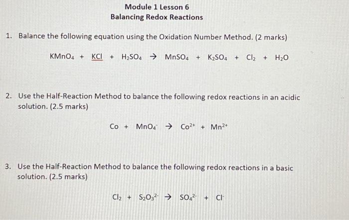 Solved Module 1 Lesson 6 Balancing Redox Reactions 1. | Chegg.com