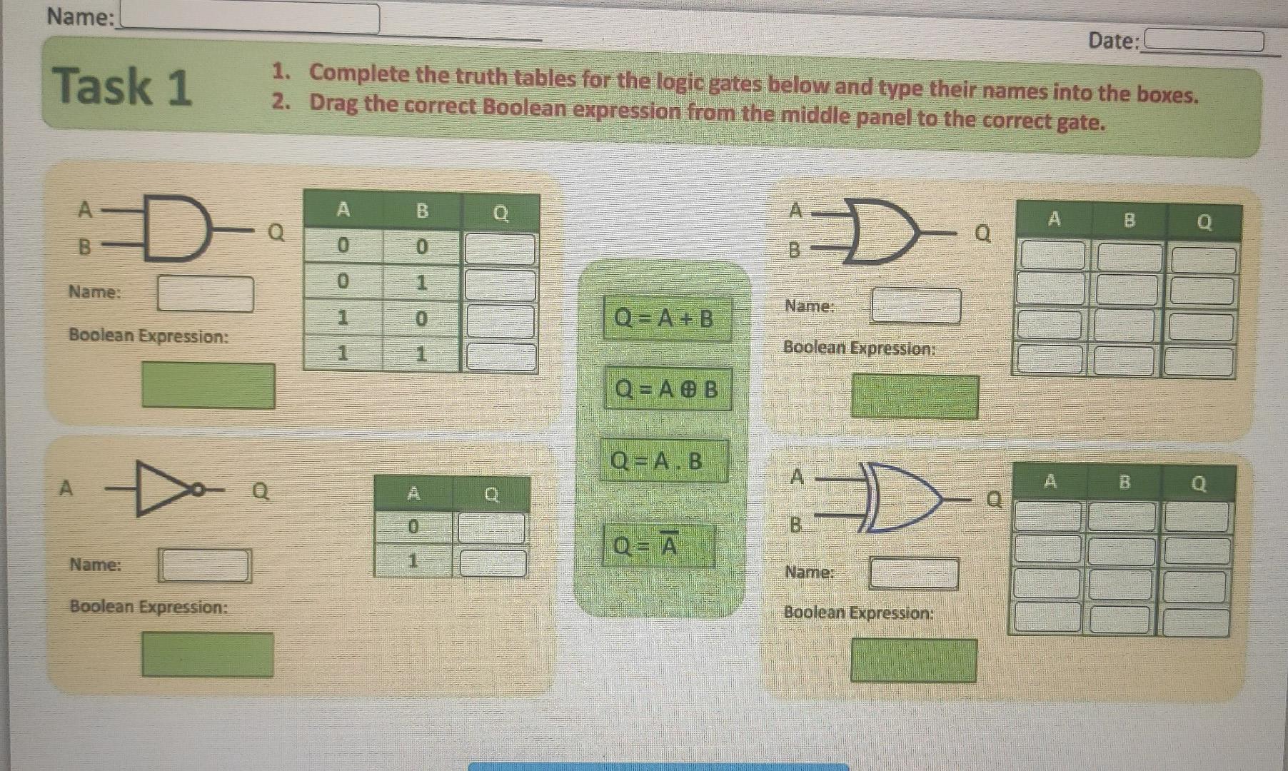Solved Name: Date: Task 1 1. Complete the truth tables for | Chegg.com