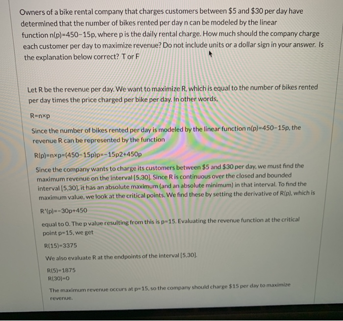 Solved Owners of a bike rental company that charges | Chegg.com