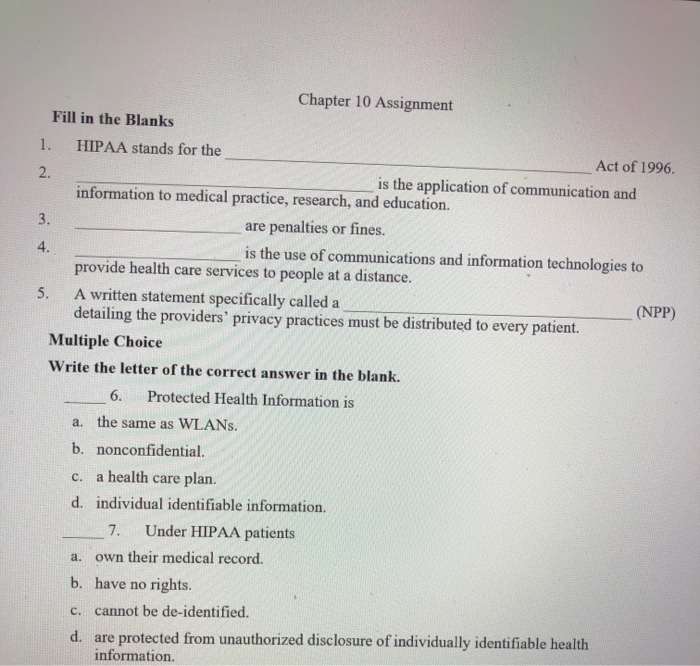 Solved Chapter 10 Assignment Fill in the Blanks 1. HIPAA | Chegg.com