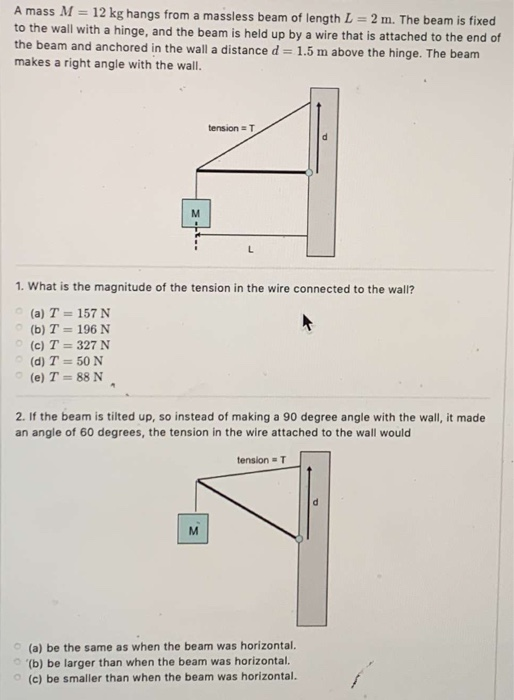 Solved A mass M = 12 kg hangs from a massless beam of length | Chegg.com