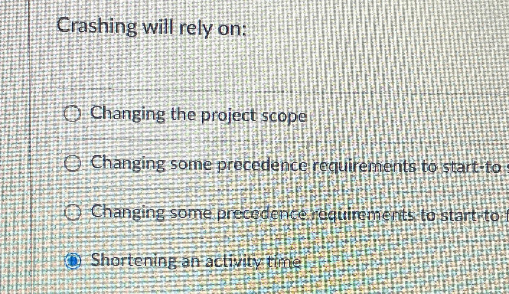 Solved Crashing will rely on:Changing the project | Chegg.com