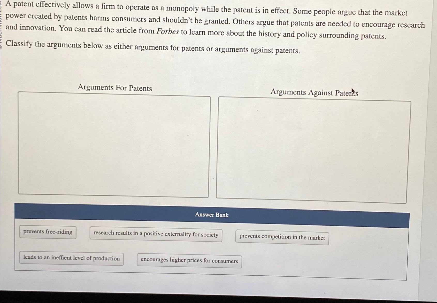 Solved A patent effectively allows a firm to operate as a | Chegg.com