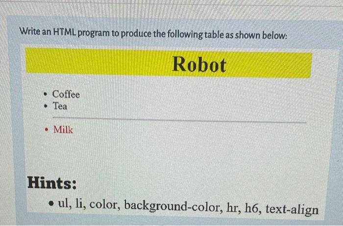 Solved Write an HTML program to produce the following table | Chegg.com