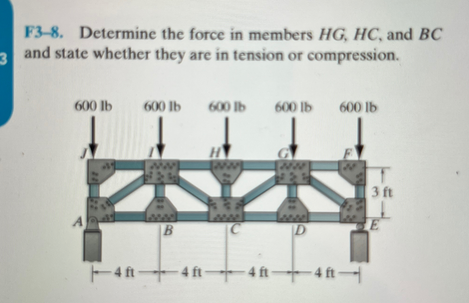 Solved F3-8. ﻿Determine the force in members HG,HC, ﻿and BC | Chegg.com