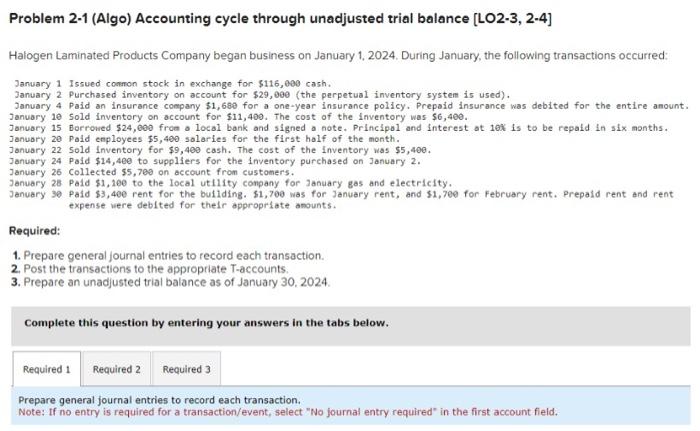 Solved Problem 2-1 (Algo) Accounting cycle through | Chegg.com