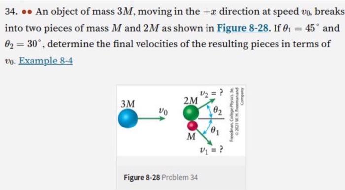 Solved 34. An object of mass 3M, moving in the +x direction | Chegg.com
