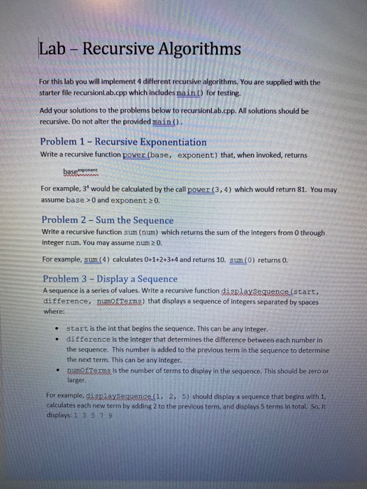Solved Lab - Recursive Algorithms For this lab you will | Chegg.com