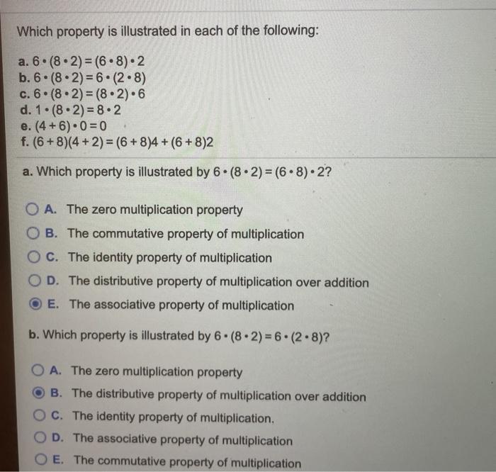 Solved Which property is illustrated in each of the | Chegg.com