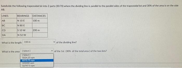 Solved Subdivide the following trapezoidal lot into 2 parts | Chegg.com