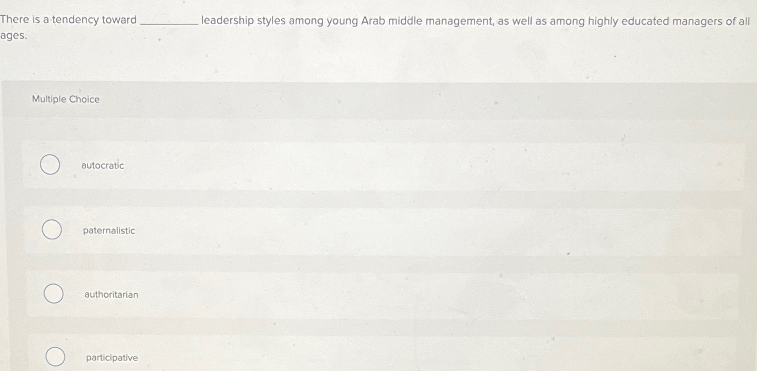 Solved There is a tendency toward leadership styles among | Chegg.com
