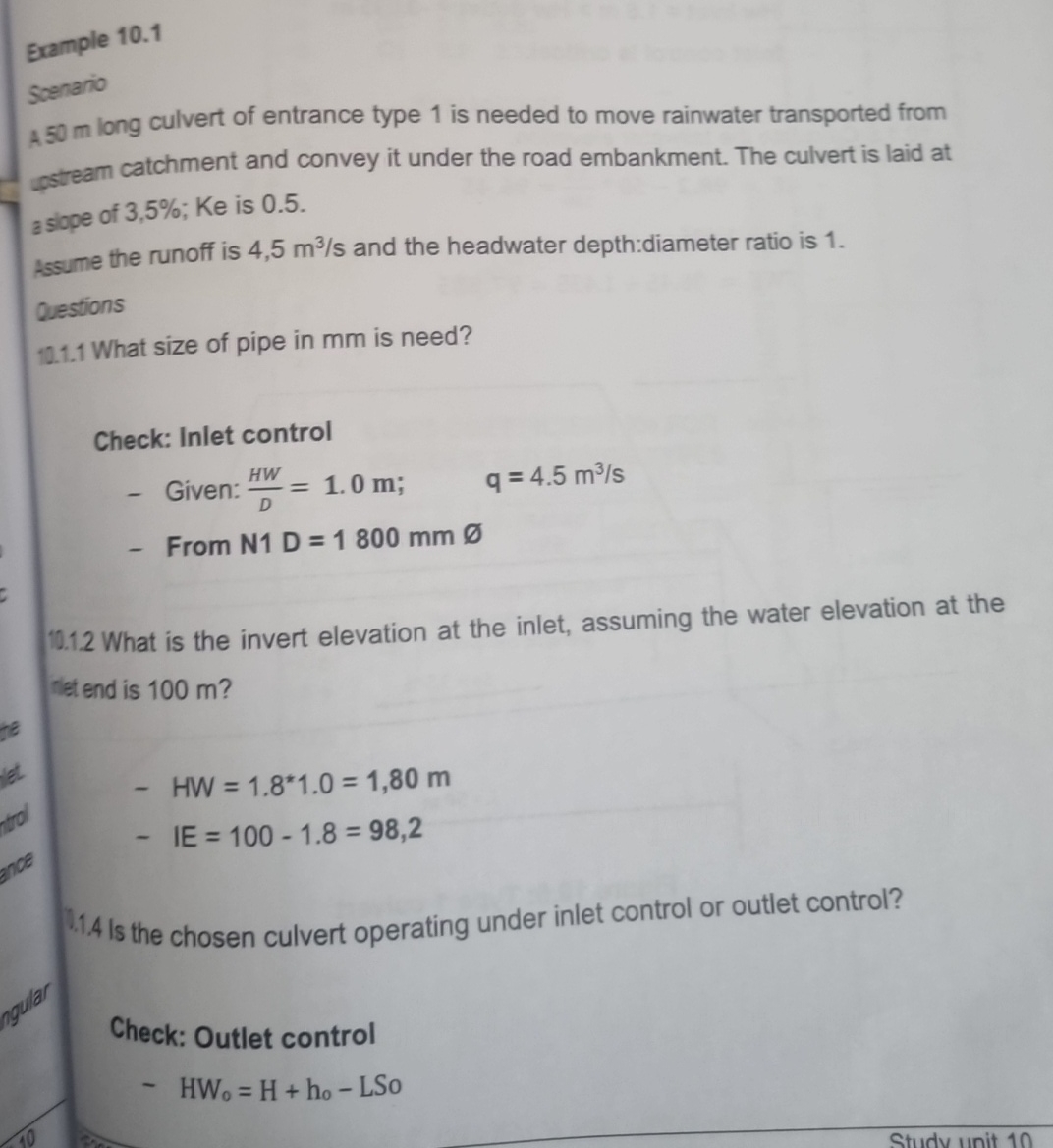 Solved Example 10.1ScenarioA 50 ﻿m long culvert of entrance | Chegg.com