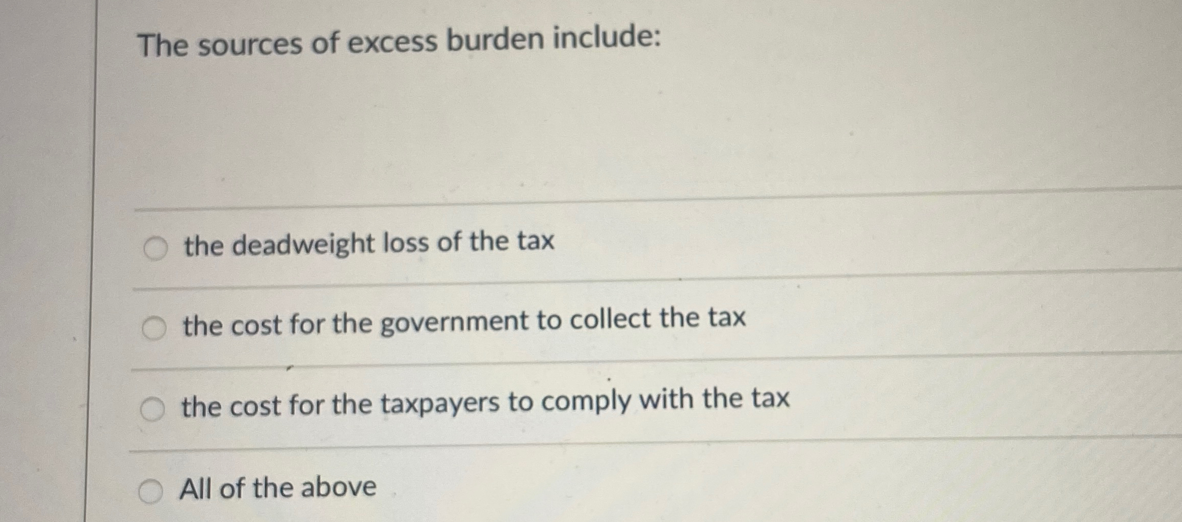 Solved The sources of excess burden include:the deadweight | Chegg.com