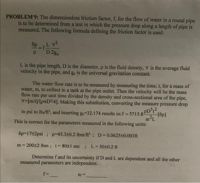 PROBLEM 9: The dimensionless friction factor, f, for | Chegg.com