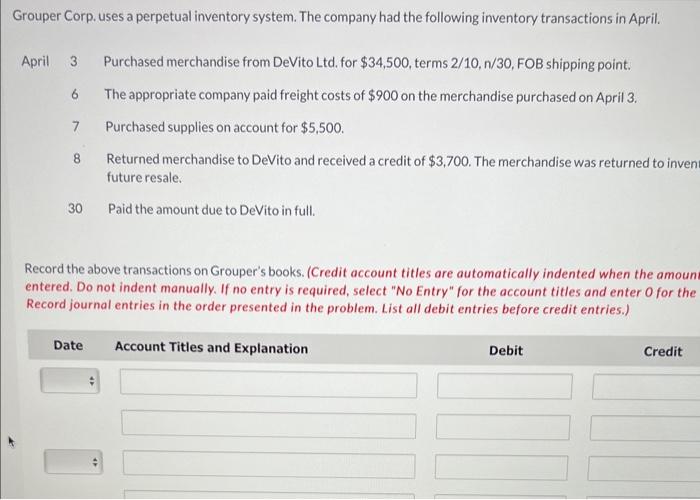 Solved Grouper Corp. uses a perpetual inventory system. The | Chegg.com