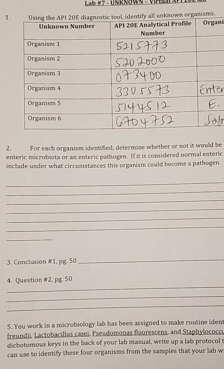 Lab #7 - UNKNO 1. Using the API 20E diagnostic tool, | Chegg.com
