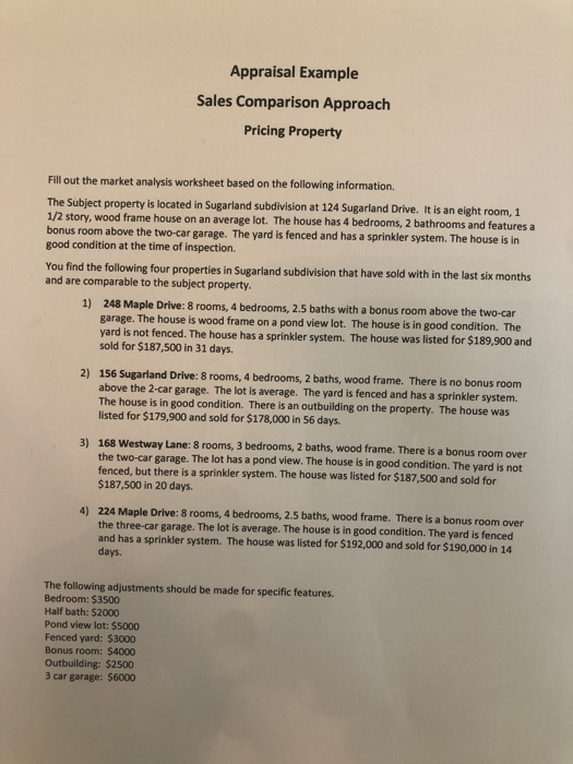 Appraisal Example Sales Comparison Approach Pricing | Chegg.com