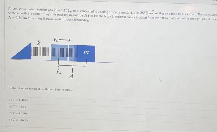Solved A mass. spring system consists of a m=1.76 kg block | Chegg.com