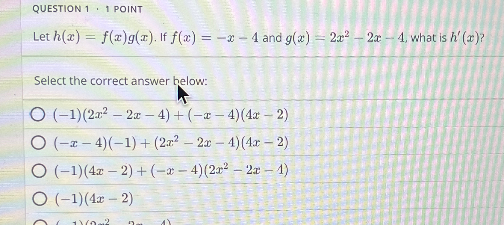 Solved QUESTION 1 - 1 POINTLet h(x)=f(x)g(x). If f(x)=-x-4 | Chegg.com Solved QUESTION 1 - 1 POINTLet h(x)=f(x)g(x). If f(x)=-x-4 | Chegg.com