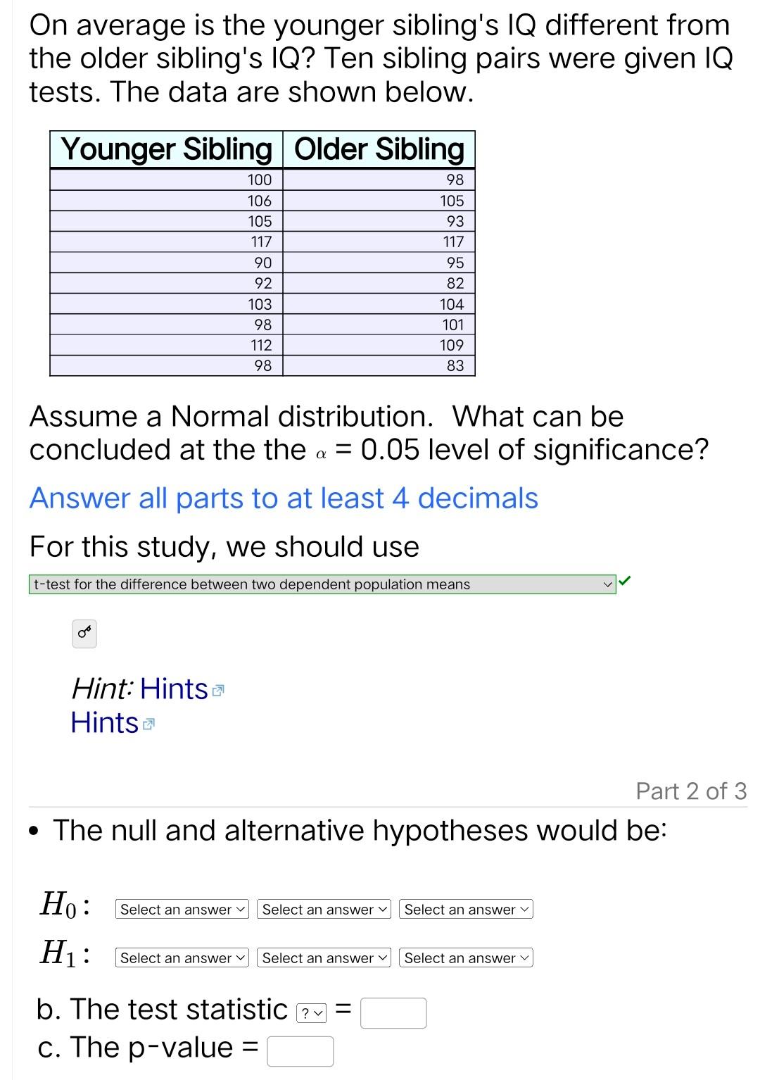 Solved On average is the younger sibling's IQ different from | Chegg.com
