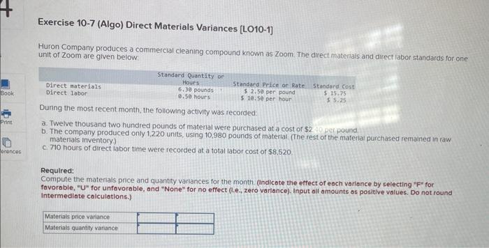 Solved Exercise 10-7 (Algo) Direct Materials Variances | Chegg.com
