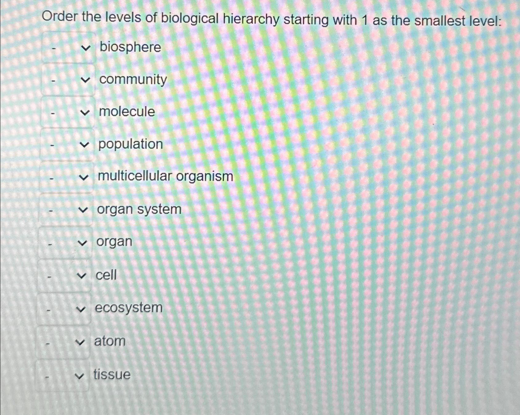 Solved Order the levels of biological hierarchy starting | Chegg.com