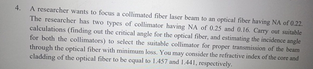 Solved A researcher wants to focus a collimated fiber laser | Chegg.com
