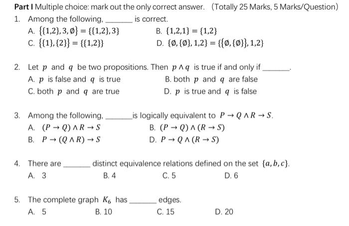 Solved Part I Multiple choice: mark out the only correct | Chegg.com