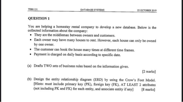 Solved QUESTION 1 You are helping a homestay rental company | Chegg.com