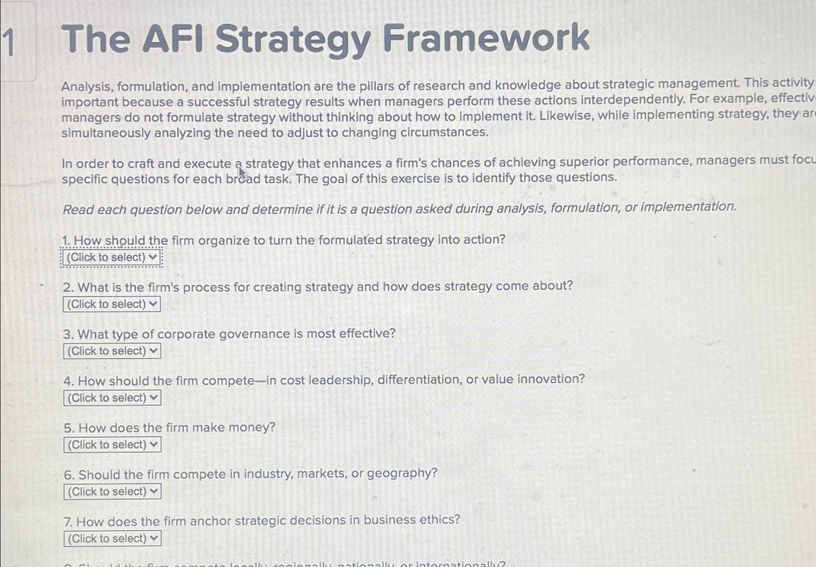 Solved 1 ﻿The AFI Strategy FrameworkAnalysis, formulation, | Chegg.com
