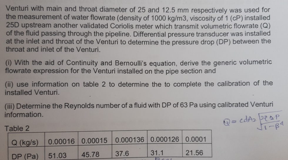 Solved Venturi with main and throat diameter of 25 ﻿and | Chegg.com