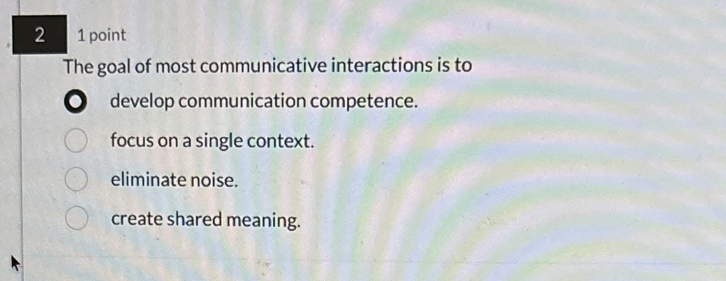 Solved 2 1 pointThe goal of most communicative interactions | Chegg.com Solved 2 1 pointThe goal of most communicative interactions | Chegg.com