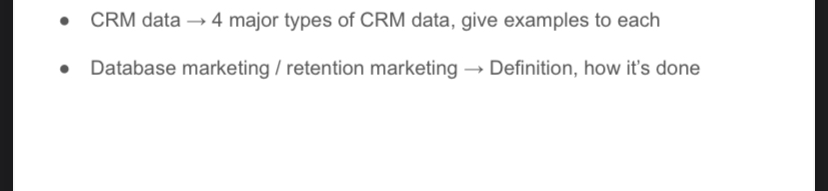Solved CRM ﻿data →4 ﻿major types of CRM data, give examples | Chegg.com