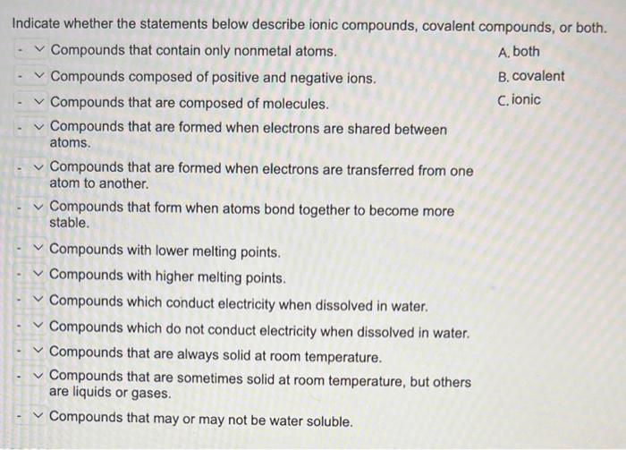 Solved Indicate whether the statements below describe ionic | Chegg.com