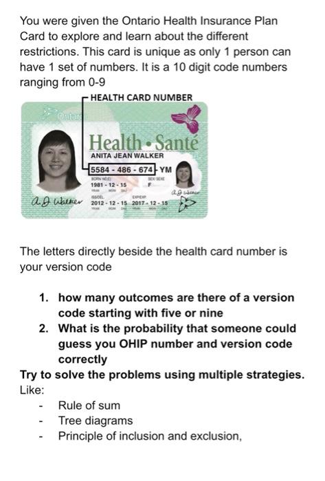 Solved You were given the Ontario Health Insurance Plan Card | Chegg.com