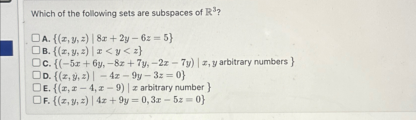 Solved Which of the following sets are subspaces of | Chegg.com