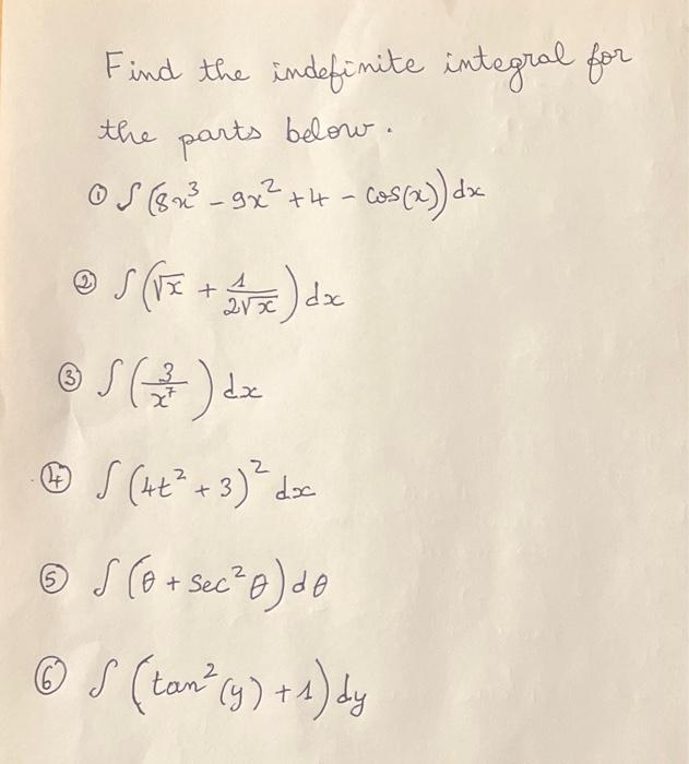 Solved Find the indefinite integral for the parts below. (1) | Chegg.com