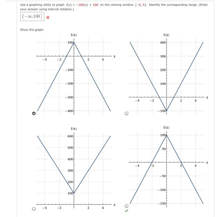 Solved Use a graphing utility to graph f(x) = -100x + 100 on | Chegg.com