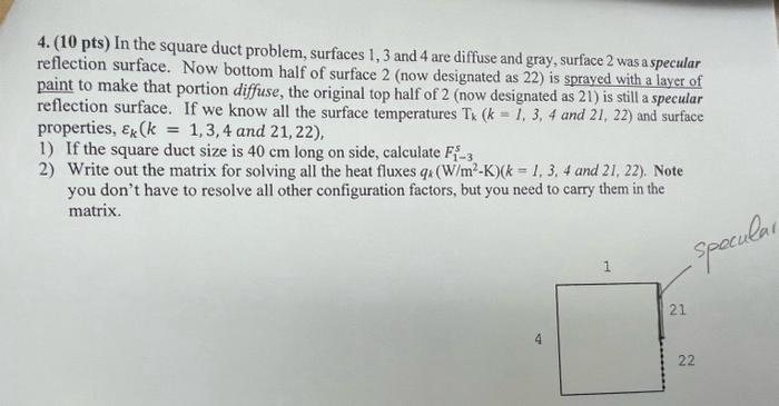 Solved 4. (10pts) In the square duct problem, surfaces 1,3 | Chegg.com