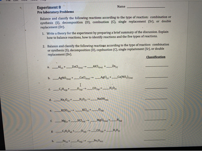 Solved Experiment 8 Name Pre laboratory Problems Balance and | Chegg.com