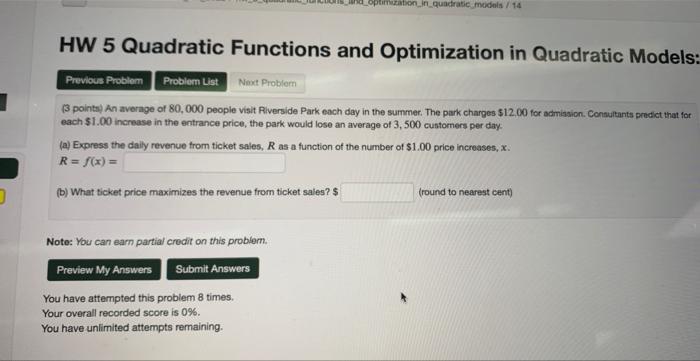Solved HW 5 Quadratic Functions and Optimization in | Chegg.com