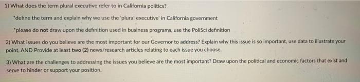 Solved 1) What does the term plural executive refer to in | Chegg.com