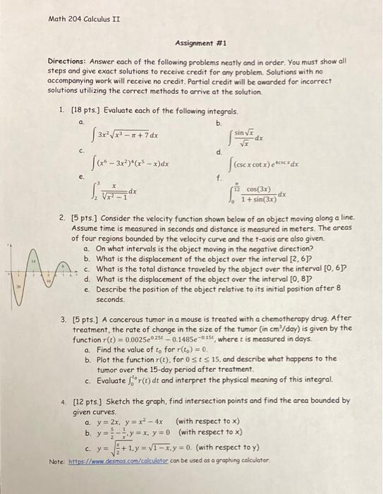 Solved Math 204 Calculus II Assignment #1 Directions: Answer | Chegg.com