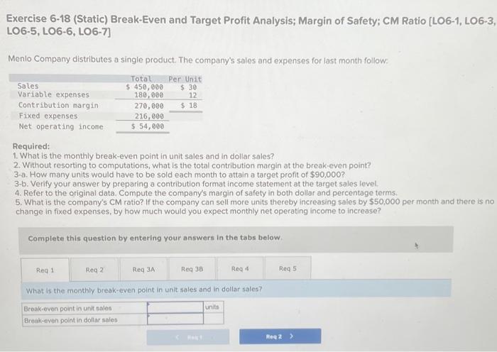 Solved Exercise 6-18 (Static) Break-Even and Target Profit | Chegg.com