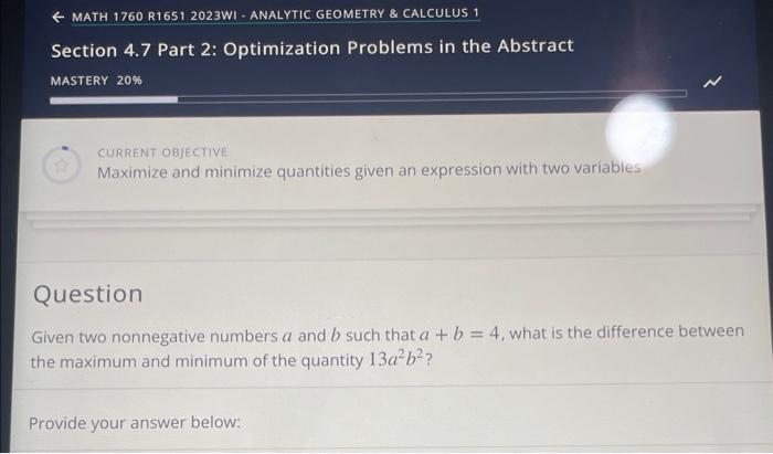 Solved CURRENT OBJECTIVE Maximize and minimize quantities | Chegg.com