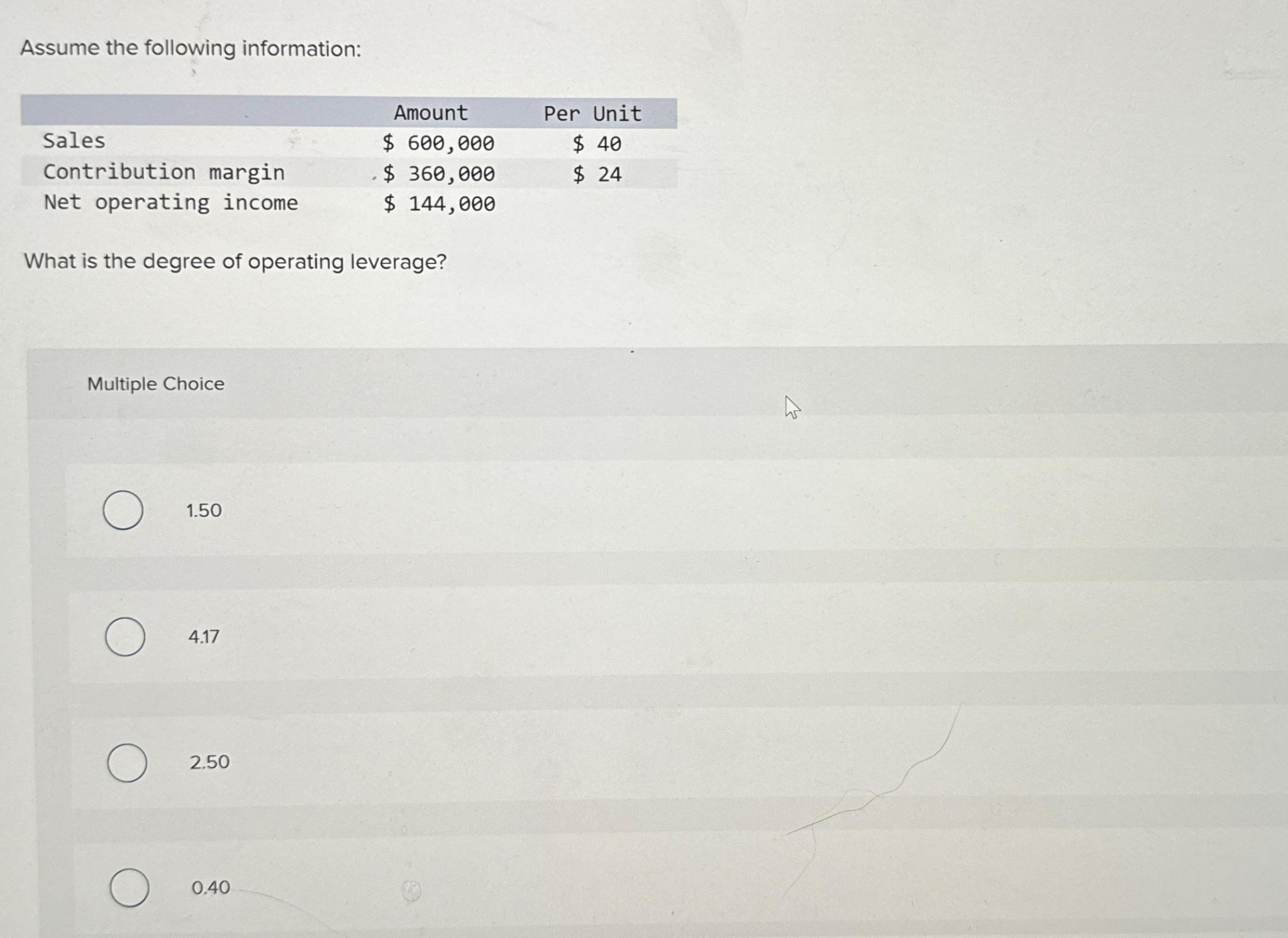 Solved Assume the following information:\table[[,Amount,Per | Chegg.com